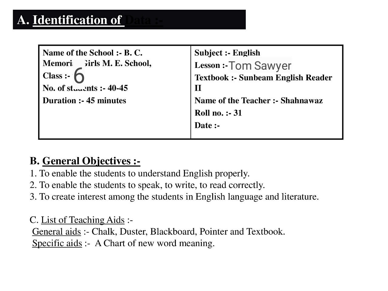 Model Lesson Plan For English Prose Class 6 Tom Sawyer StudyQuirk